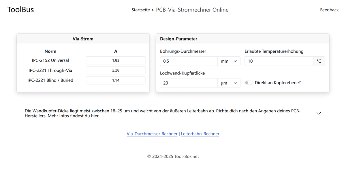 Via-Stromrechner nach IPC-2221 & IPC-2152 - ToolBus