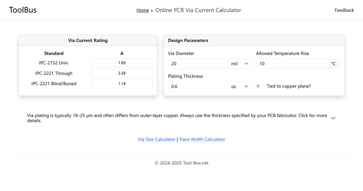 PCB Via Current Calculator | IPC-2221 & IPC-2152 Compliant - ToolBus