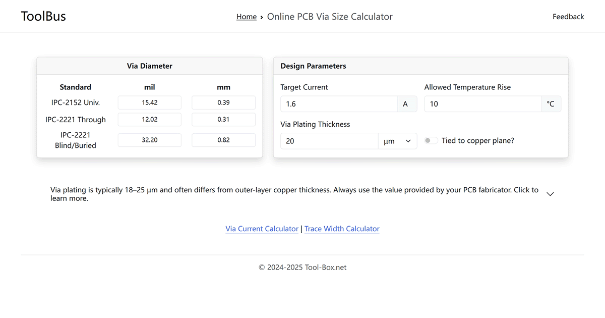 PCB Via Size Calculator | IPC-2221 & IPC-2152 Compliant - ToolBus