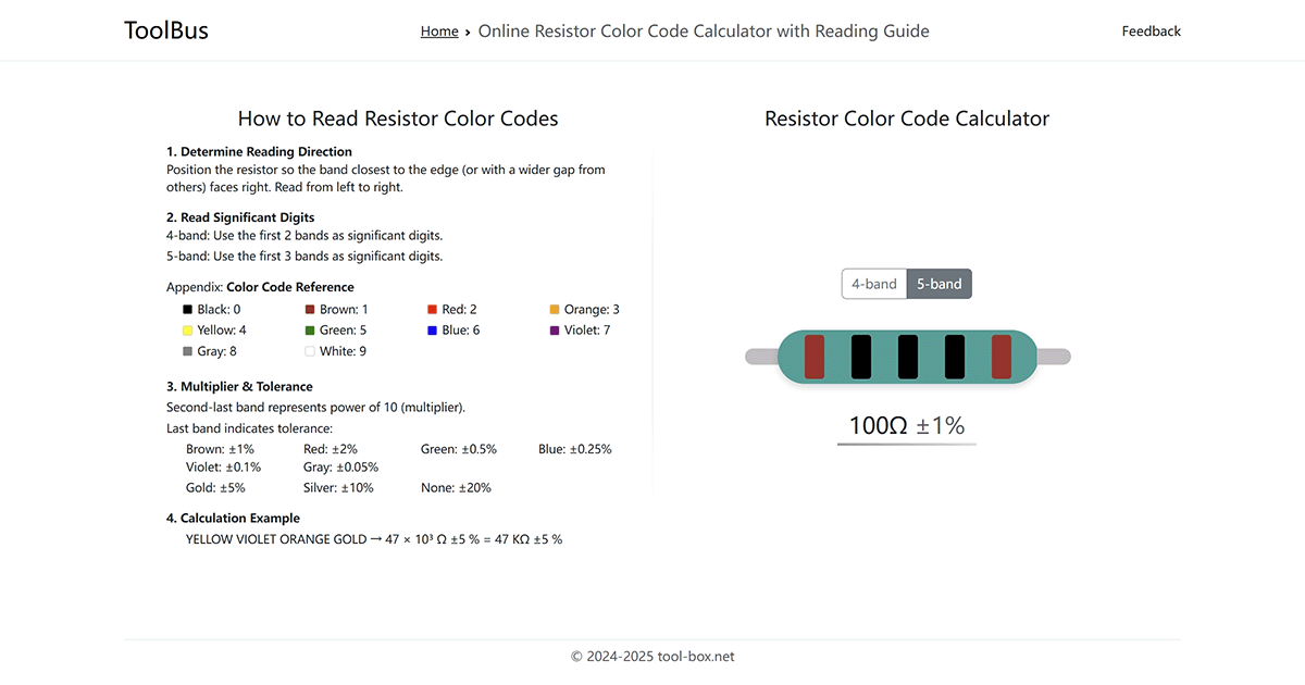Resistor Color Code Calculator | 4 & 5-Band Chart - ToolBus